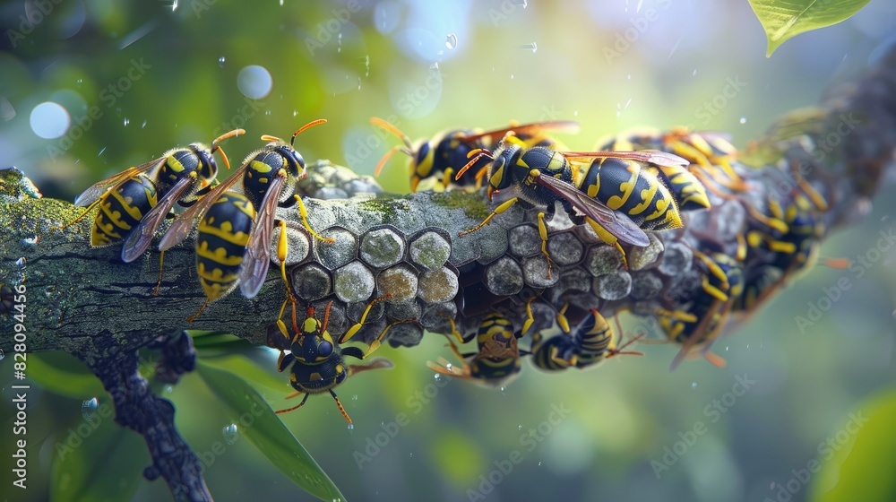 Group of wasps working together to build a nest on a tree branch, capturing their teamwork and ...