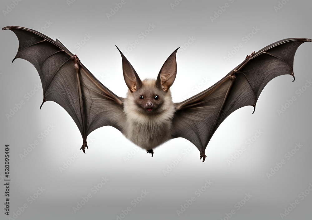 Flying bat isolated against a black background. The grey long-eared bat (Plecotus austriacus) is ...