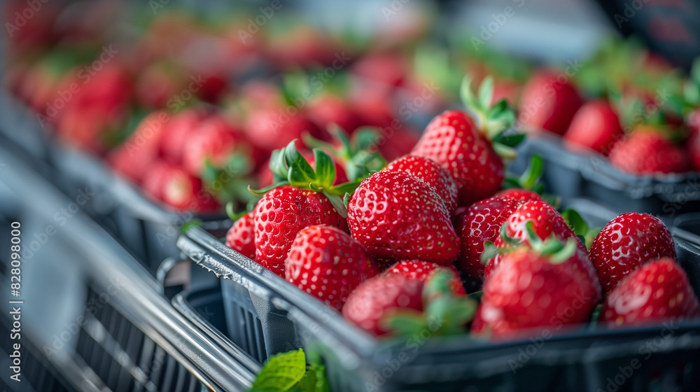 Vibrant Display of Strawberries in Black Plastic Pots on Supermarket ...