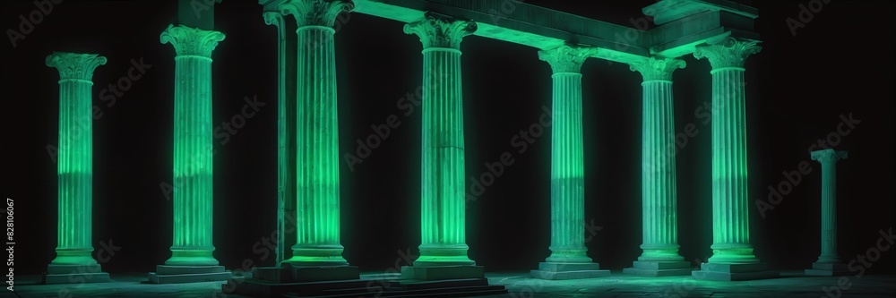 roman greek columns with green lighting on plain black background ...