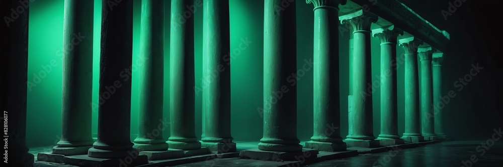 roman greek columns with green lighting on plain black background ...