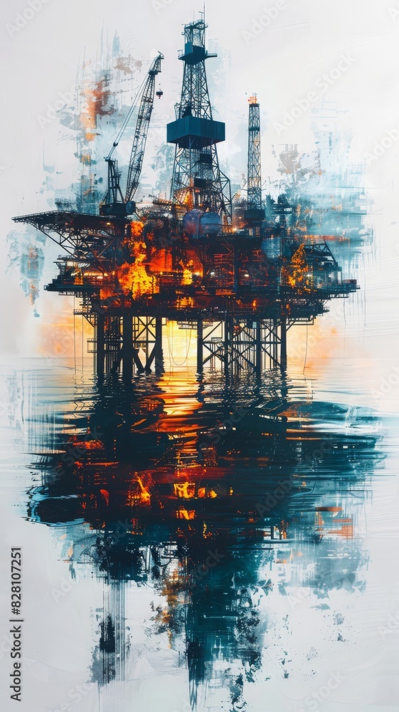 Abstract digital painting of an offshore oil rig fire with a fiery ...
