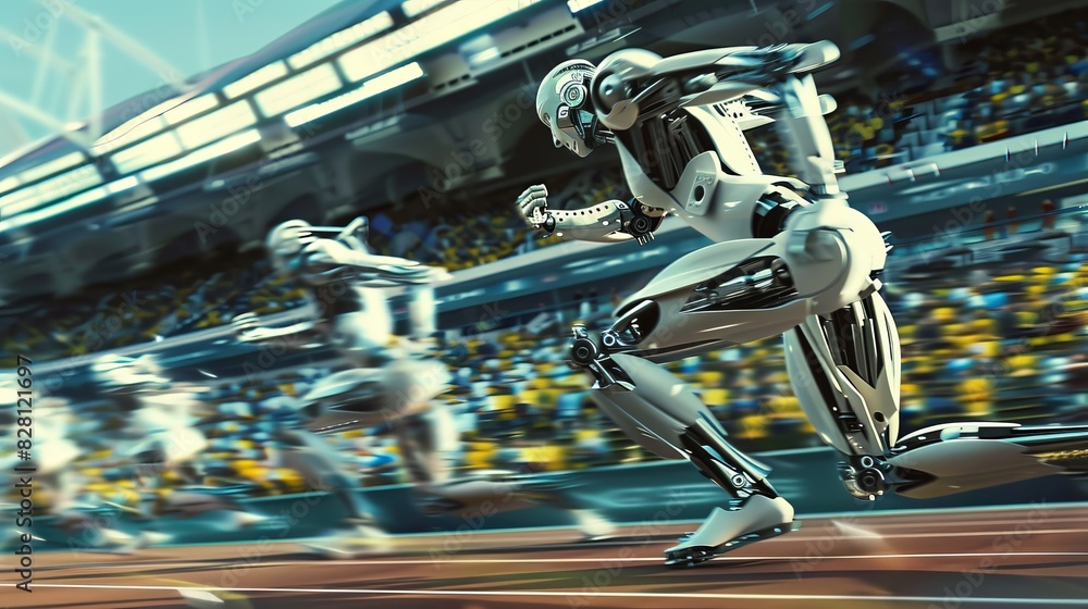 A full-body side view of a robot running in a race, with a sense of ...