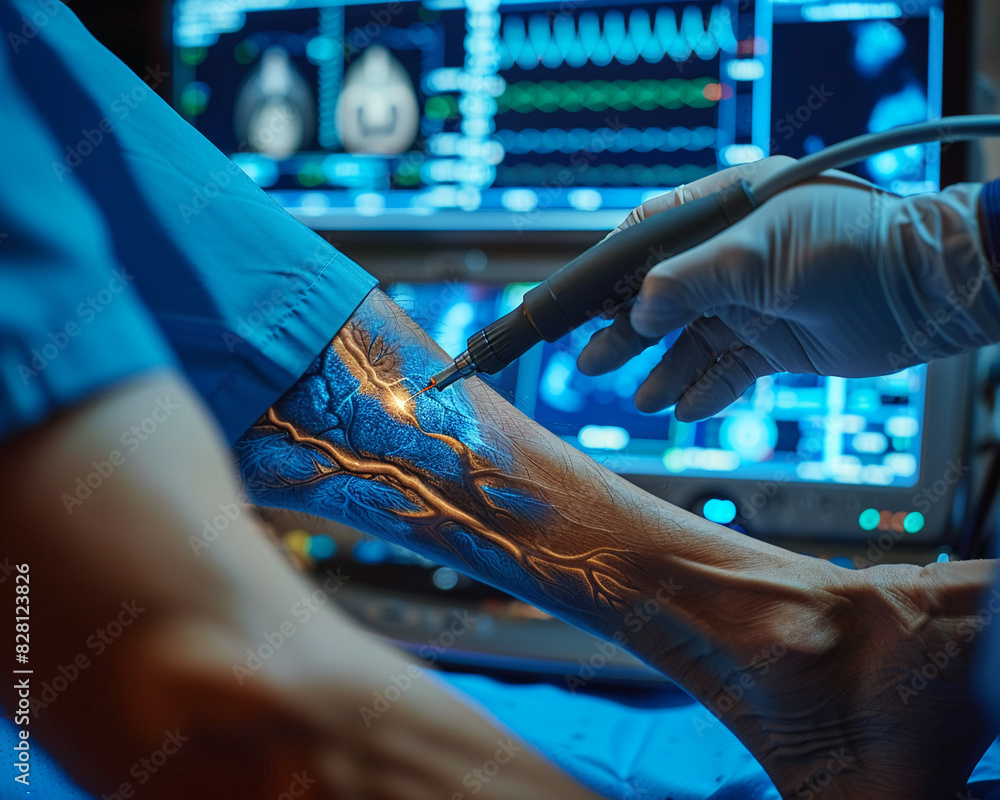 Radiologist using ultrasound probe on patient's leg for deep vein ...