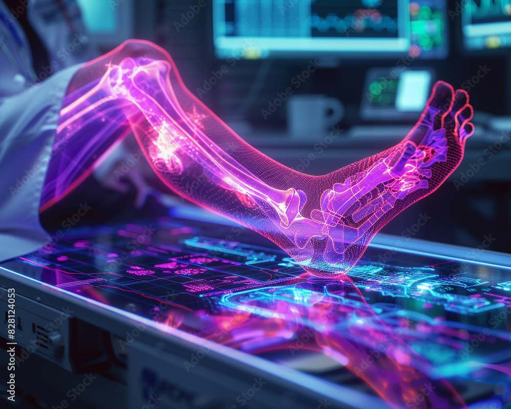 Leg ultrasound with holographic overlay, radiologist diagnosing deep ...