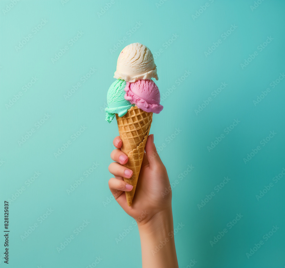 Pastel green background, delicious looking tri-colored ice cream, ice ...