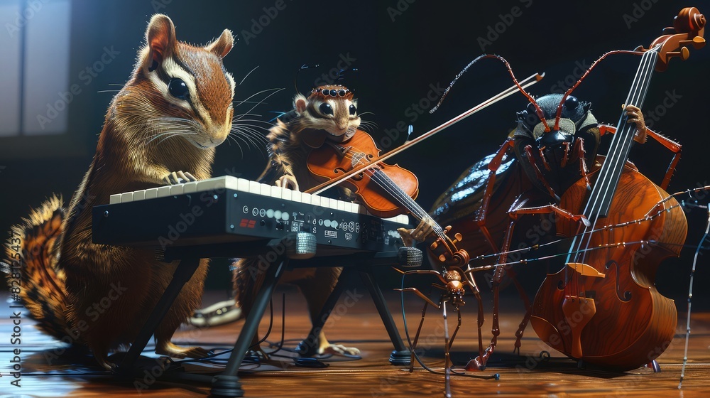 A delightful trio of small animals on stage a chipmunk playing the ...