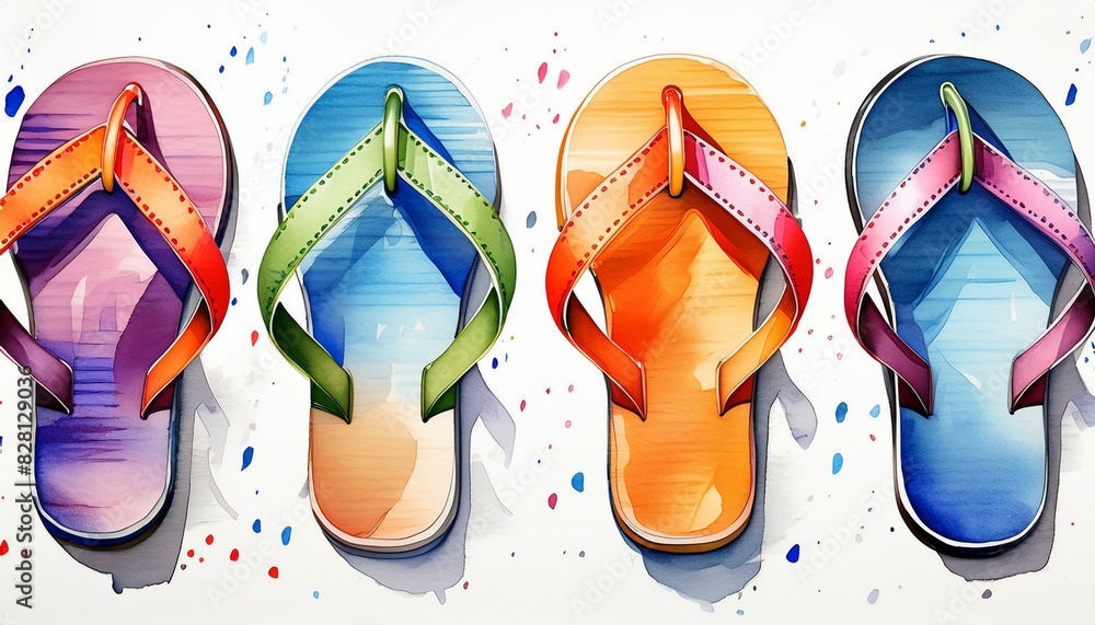 Beach Sandals Watercolor Hand Drawn Illustration Beach Footwear