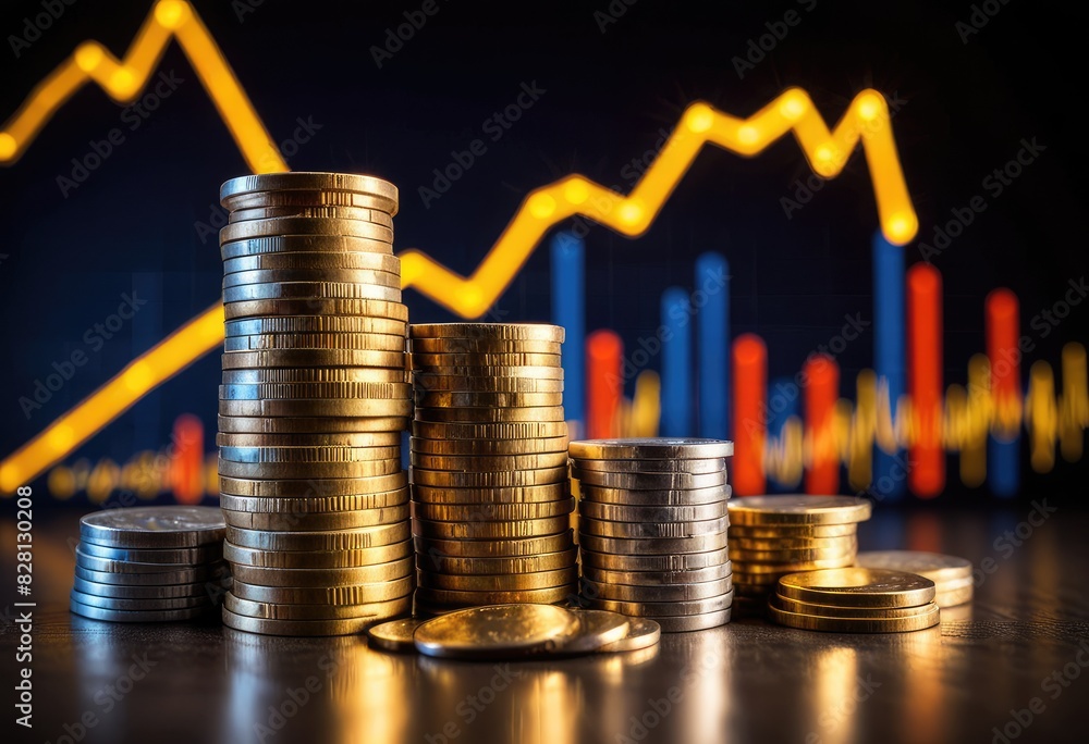 stack of coins with dynamic financial indicators such as bar and line ...