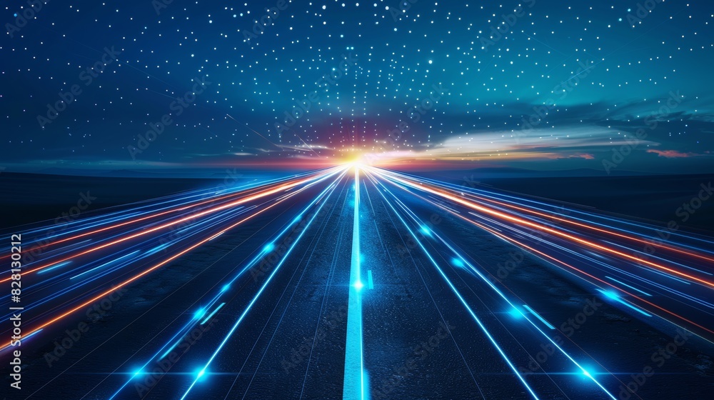 Abstract blue road lines on the horizon, symbolizing fast network speed ...