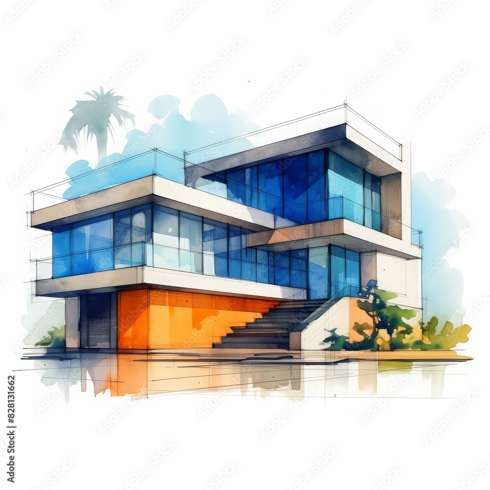 Modern architectural illustration of a two-story house with large ...