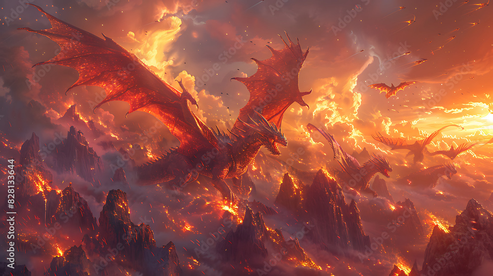 illustration of a mythical realm ruled by dragons with fiery volcanoes ...