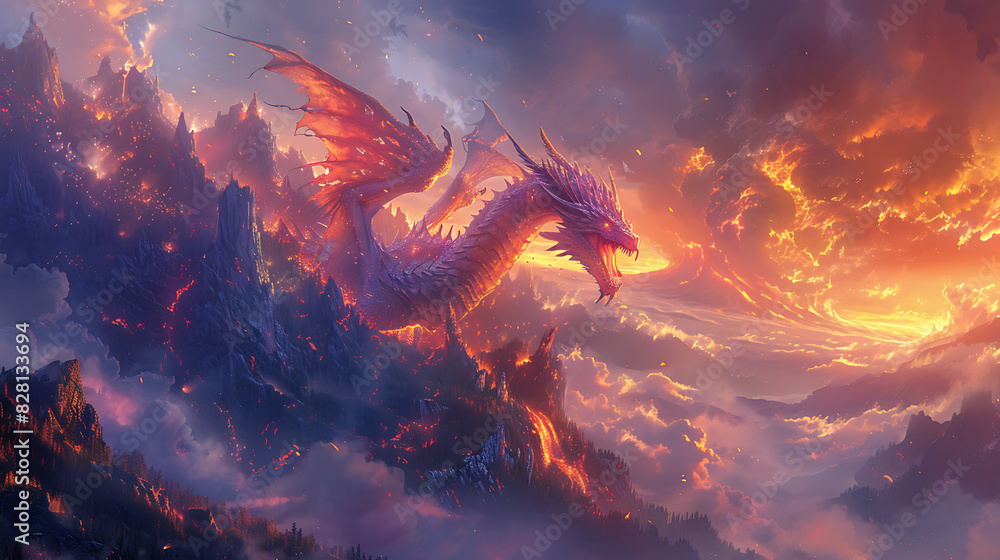 illustration of a mythical realm ruled by dragons with fiery volcanoes ...