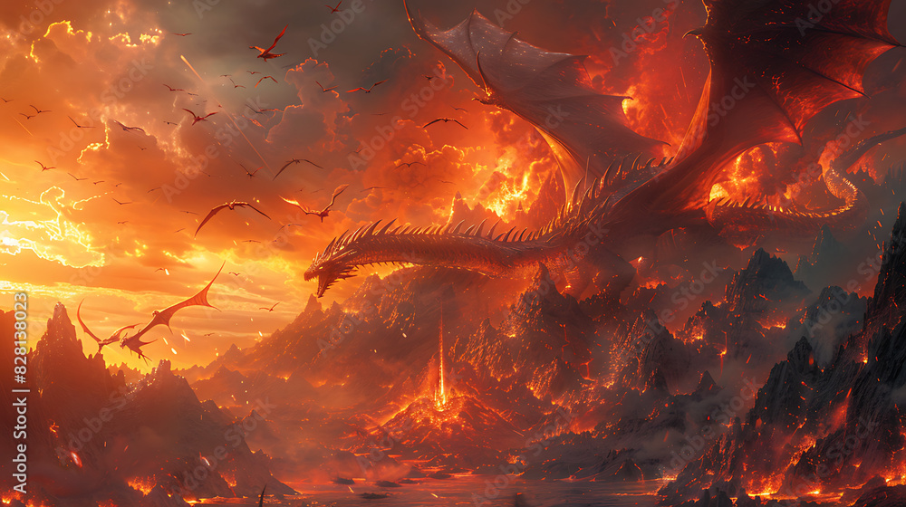 illustration of a mythical realm ruled by dragons with fiery volcanoes ...