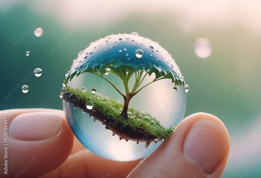 Close up to nature with a clear round object wrapped around a plant and ...