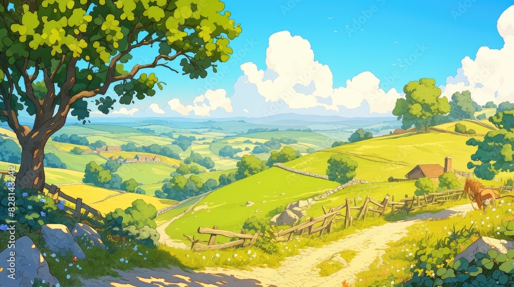 Illustration depicting a charming cartoon country landscape in the ...