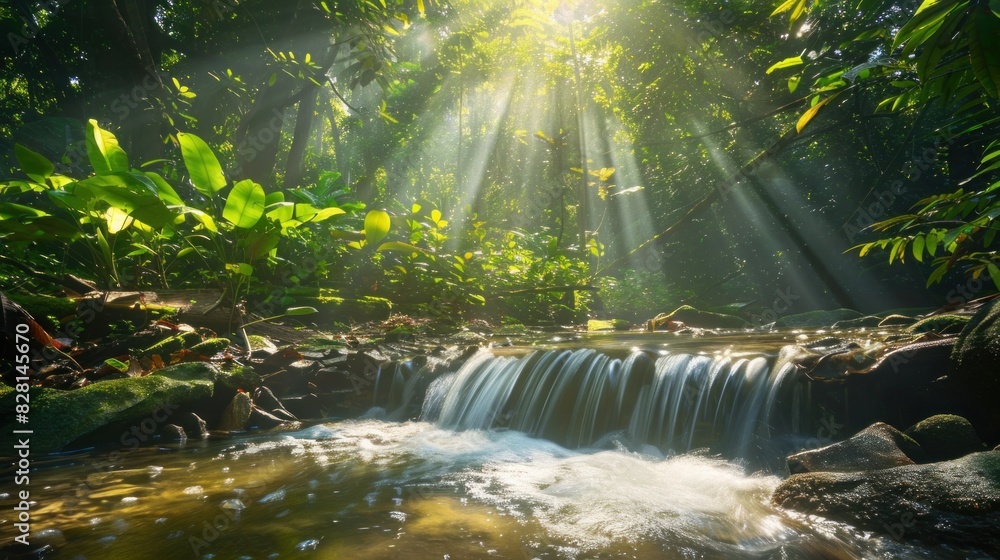 clear stream flows through the lush green forest. There is light ...