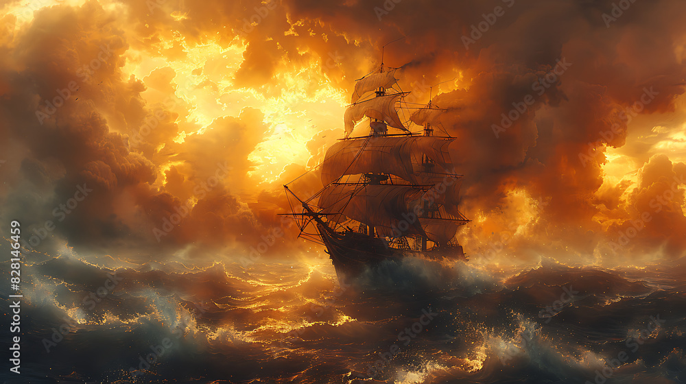 illustration of a pirate ship sailing the high seas with swashbuckling ...