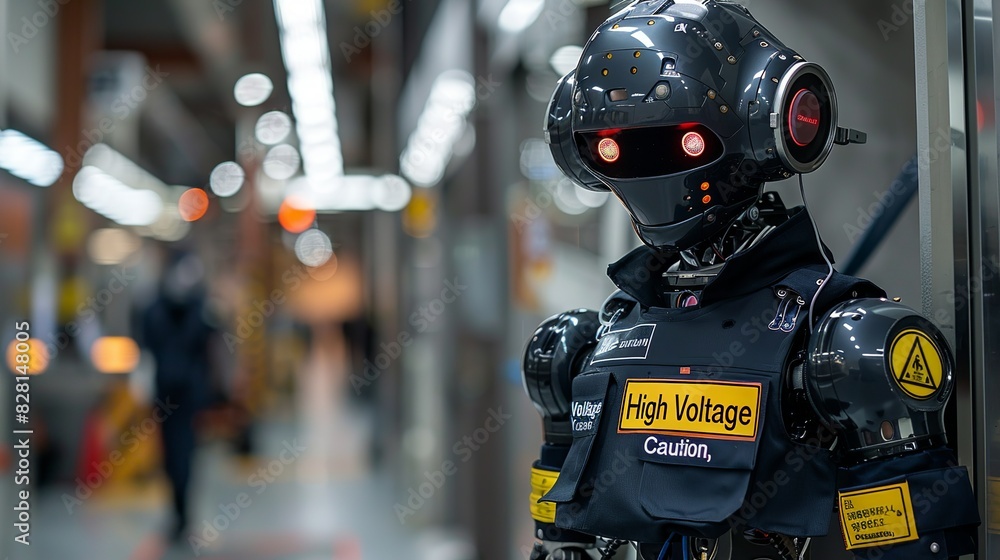 Labels and warning signs on the robot's clothing, such as "High Voltage ...