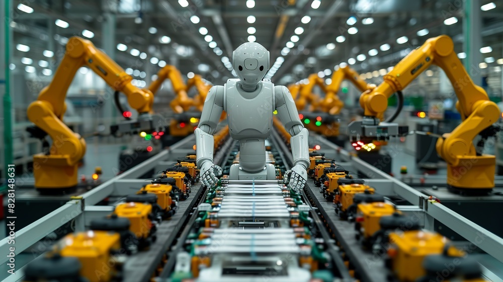 The ceiling-mounted robotic arms and conveyor systems in the factory ...