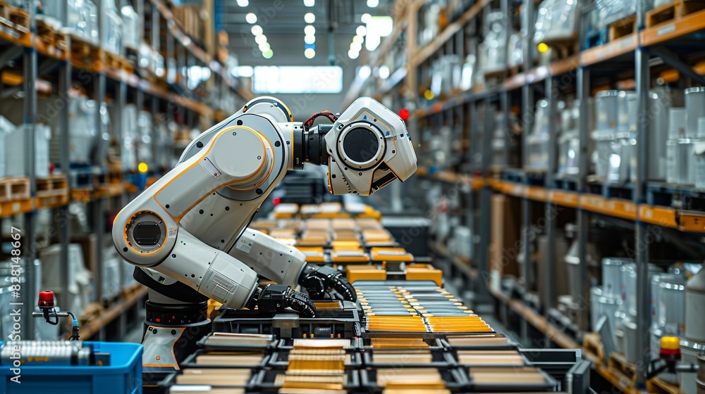 The factory setting includes large storage racks filled with raw ...