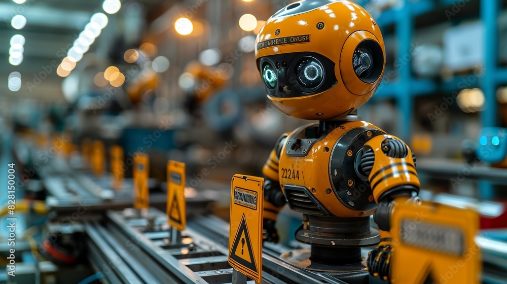 Safety barriers and caution signs around the robot emphasize the ...