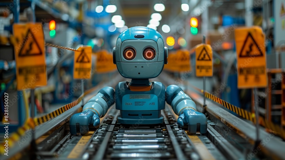 Safety barriers and caution signs around the robot emphasize the ...