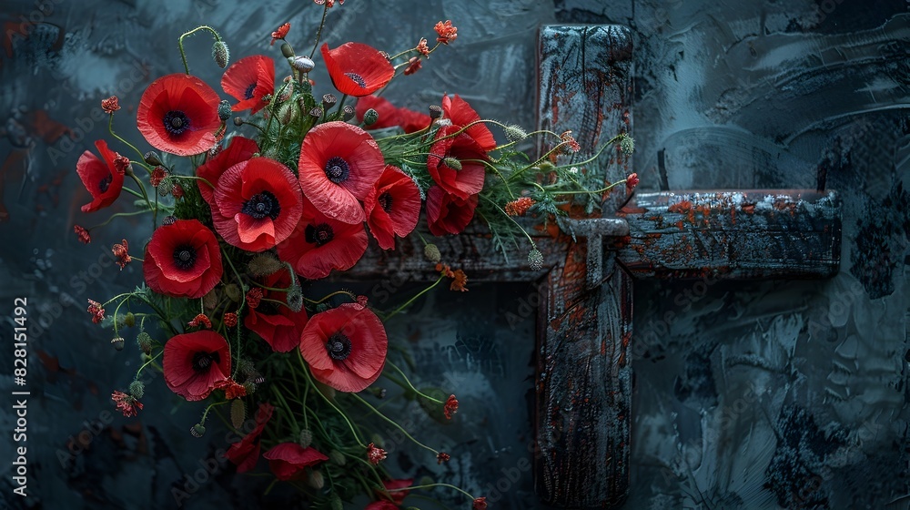 Minimalist Poppy Wreath Adorns Rustic Cross on Memorial Day Symbolizing ...