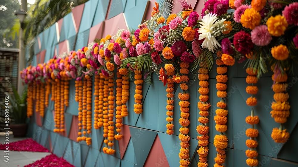 The backdrop features cascading garlands of marigolds and carnations ...