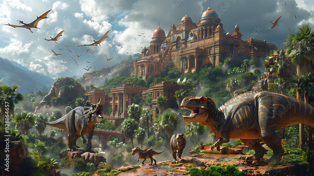 illustration of a prehistoric jungle teeming with dinosaurs ancient ...