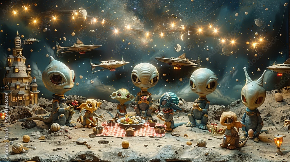 An imaginative 3D illustration of an alien family picnic on the moon ...