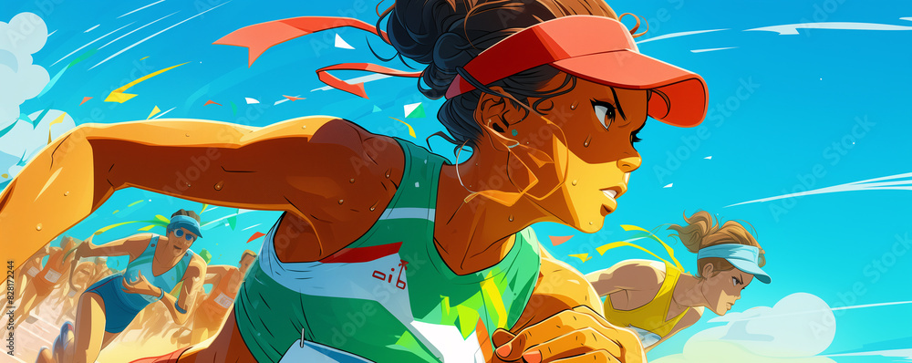 Medium shot of a female runner heading during the race at the summer ...