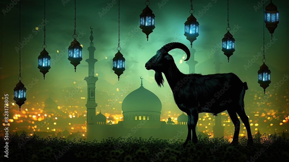 Beautiful green background for Eid ul azha with hanging blue light ...