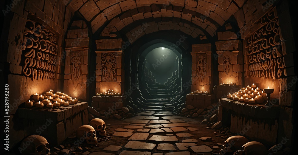 underground catacombs medieval fantasy dark tomb with walkways skulls ...