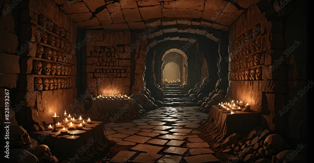 underground catacombs medieval fantasy dark tomb with walkways skulls ...