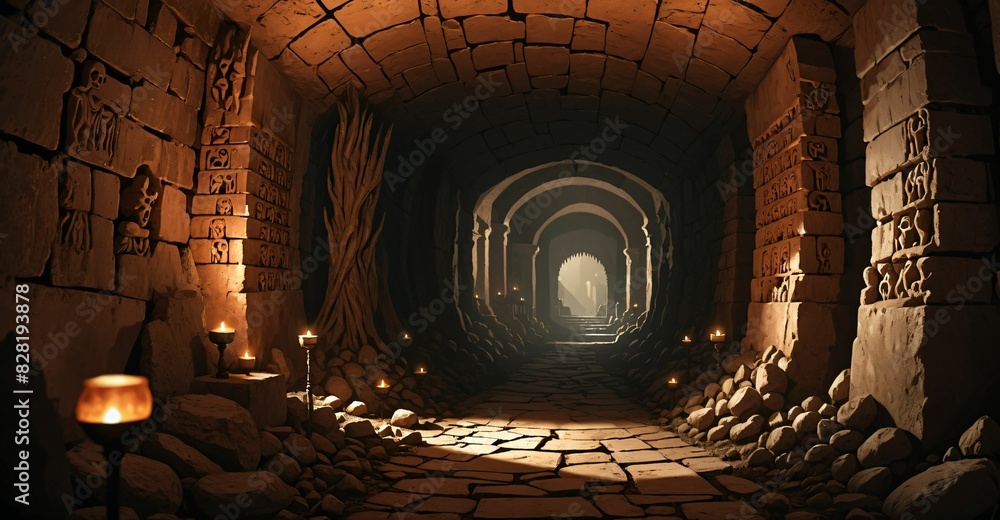 underground catacombs medieval fantasy dark tomb with walkways skulls ...
