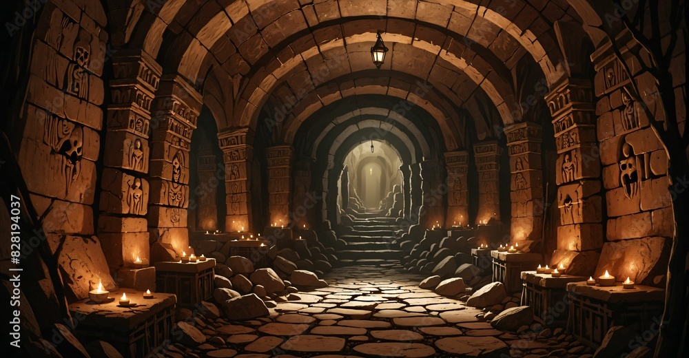 underground catacombs medieval fantasy dark tomb with walkways skulls ...