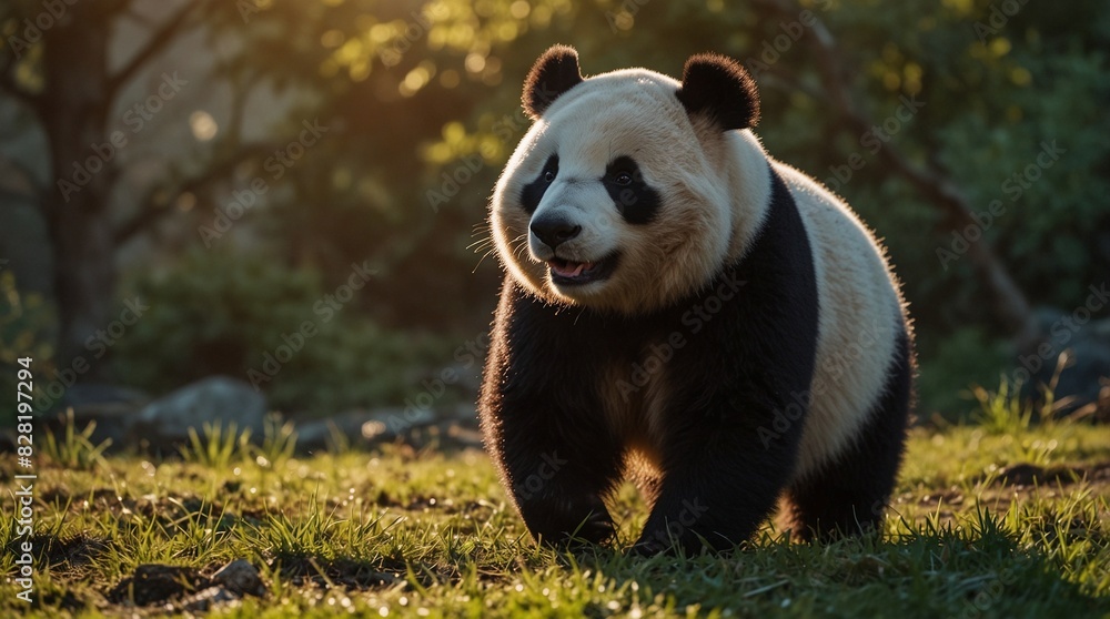 beautiful chubby panda walking in the very beautiful ground, close the ...