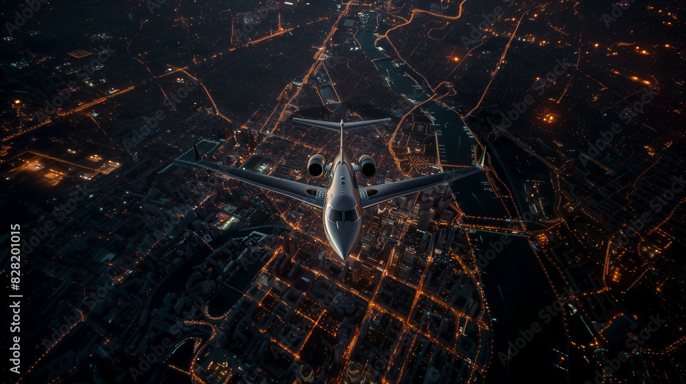 A top down wide angle view of a private corporate jet in mid flight ...