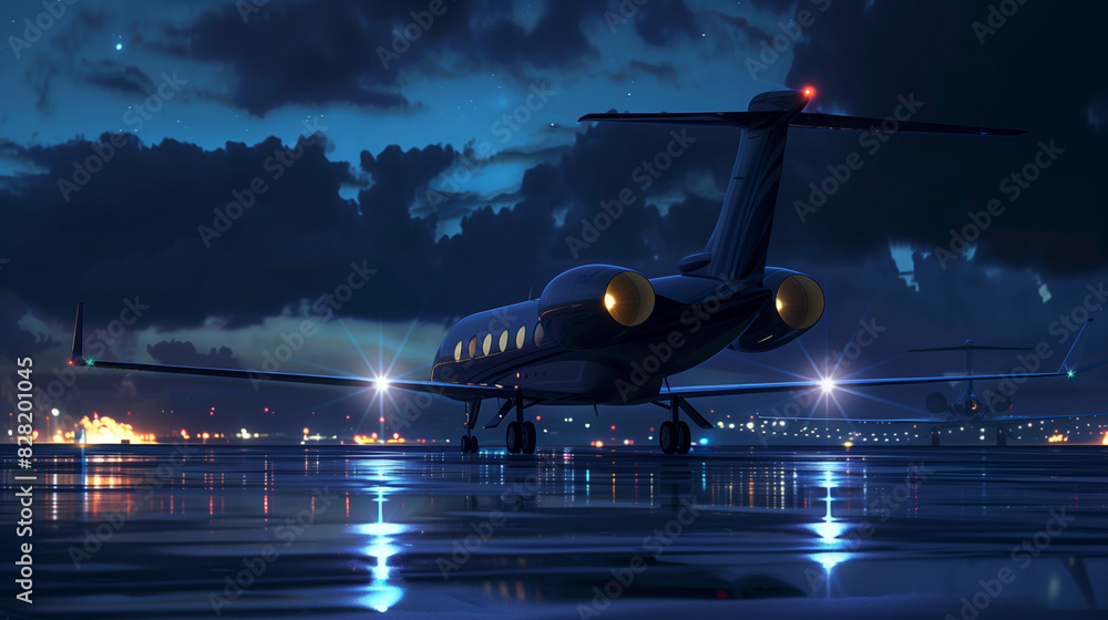 A back or tail view of private plane as it taxis on a runway, dramatic ...