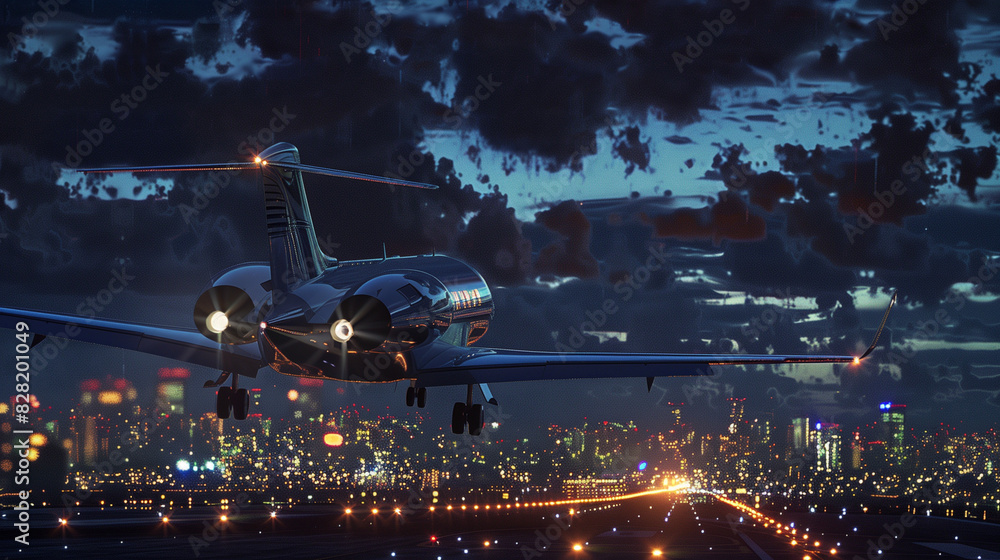 A private plane with glowing turbine jet engines takes off or lands on ...