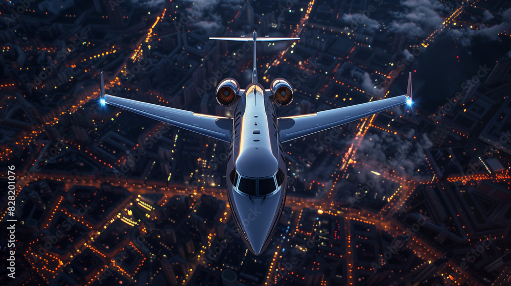 A view from above a private jet aircraft in flight over a big city ...
