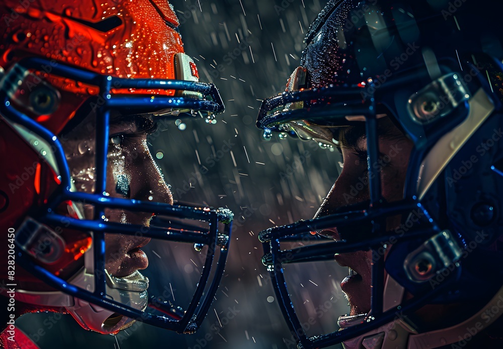 American football players in helmets facing each other on the field, a ...