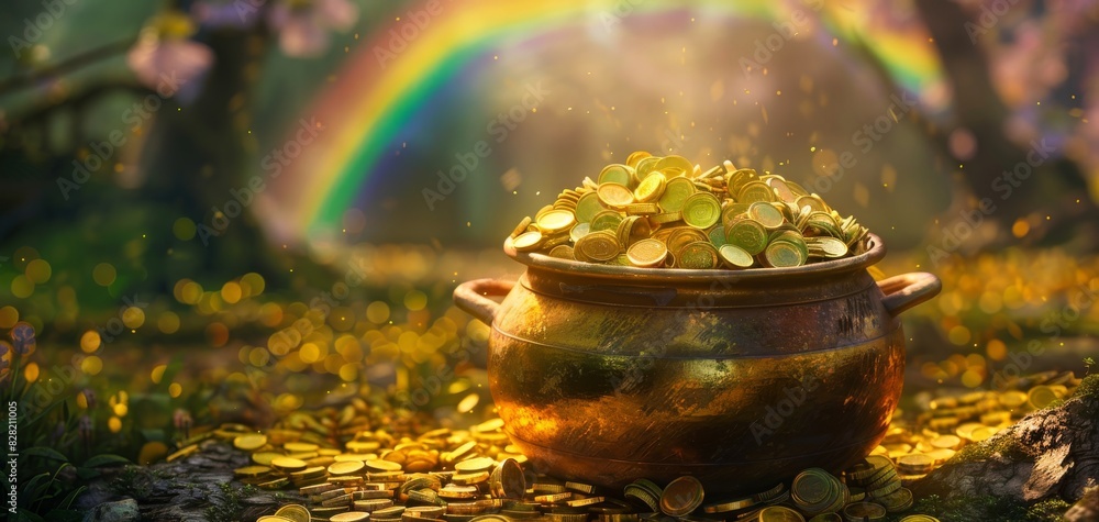 Create an enchanting scene of a golden pot filled with shimmering gold ...