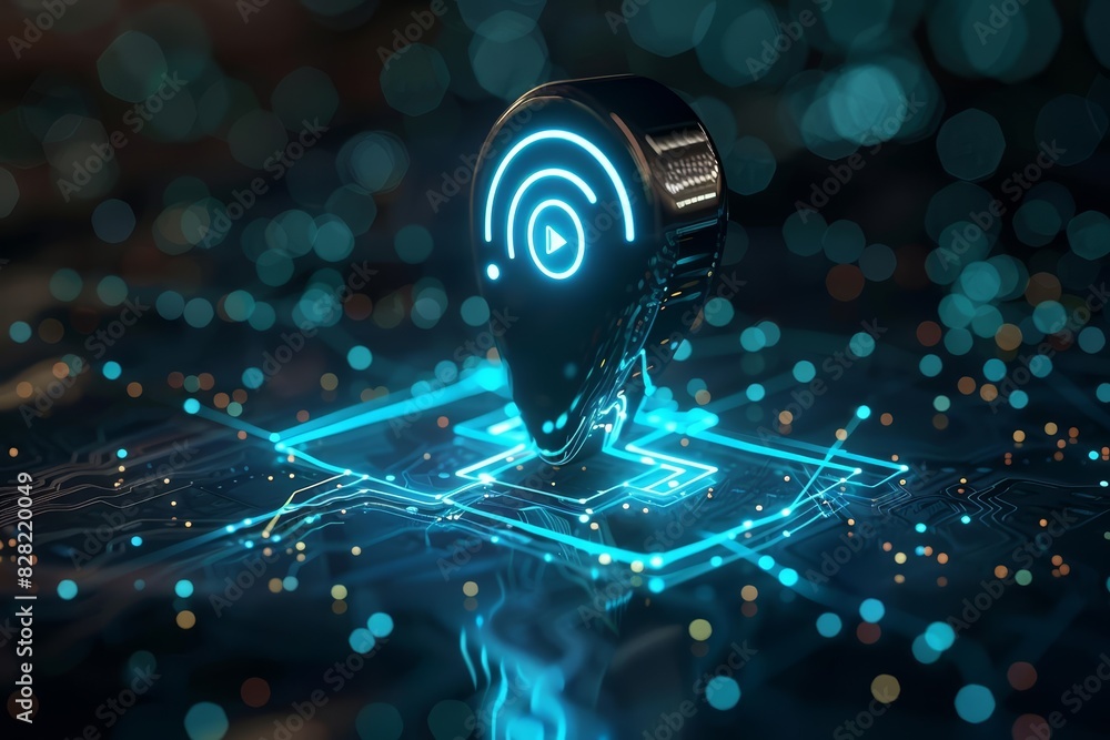 Digital blue location pin icon with data points and circuit patterns on ...