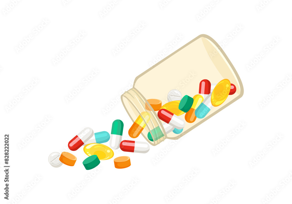 Multi-colored pills and capsules spilling out of transparent pill ...