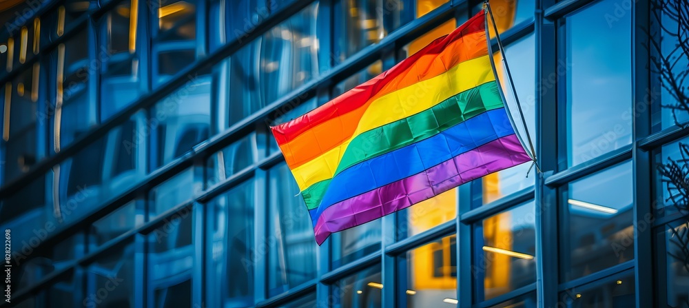 LGBT pride flag on office wall building. Trans gay lesbian gender ...