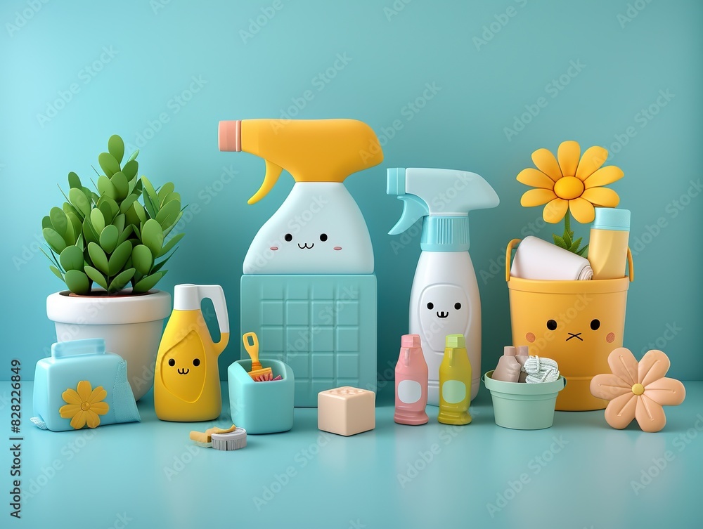 3D Cute Style Arrangement of Household Cleaning Tools Including ...