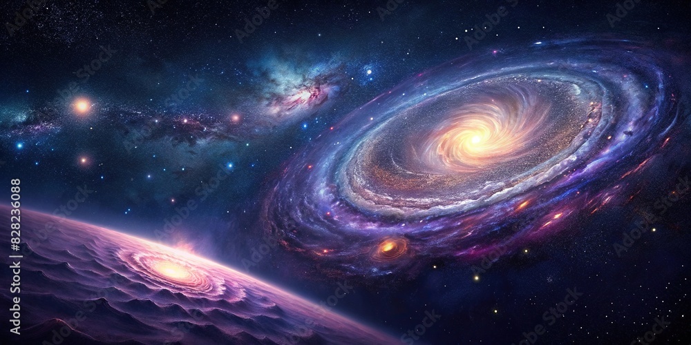 Deep space scene background with stippling style, spiral galaxy ...