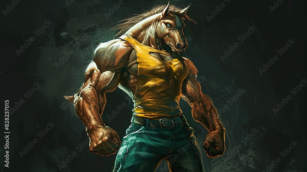 Anthropomorphic muscular horse wearing a yellow tank top and green ...
